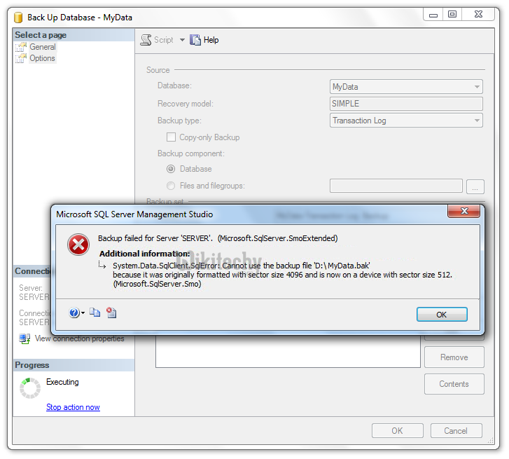 Cannot use the backup file because it was originally formatted with sector size 4096 and is now ...